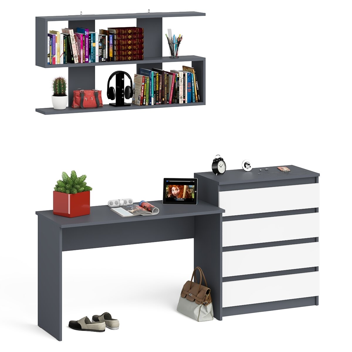 Комод четыре ящика СВК Мори МК800.4 с письменным столом с навесной полкой на 1200 графит/белый