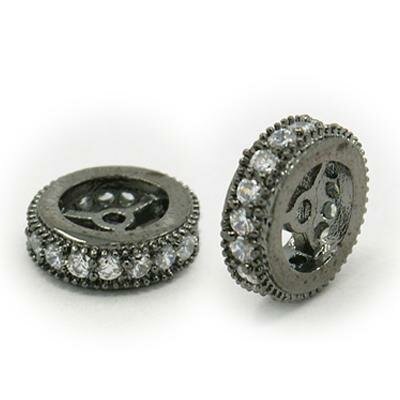 Бусина металлическая 10х3мм, Milano, Рондель, с фианитами, базовый материал - латунь, вороненая сталь, 1 шт.