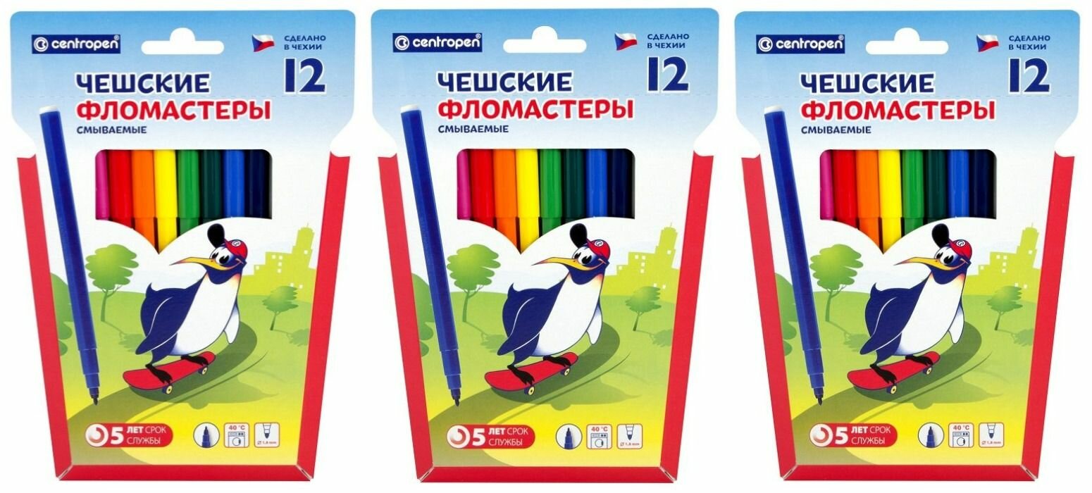 Centropen Фломастеры Пингвины классические 12 цветов шестигранные, 3 уп