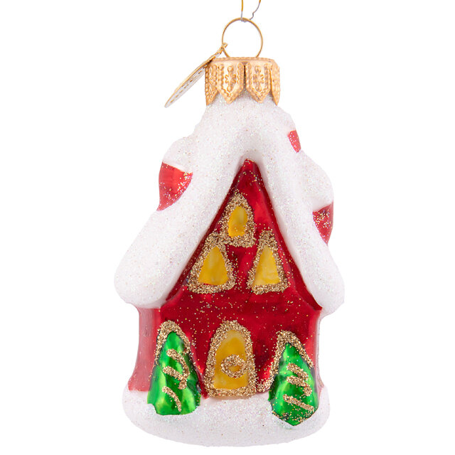 Стеклянная елочная игрушка Домик с елочками 10 см белый, подвеска, Коломеев, ФУ-411/1