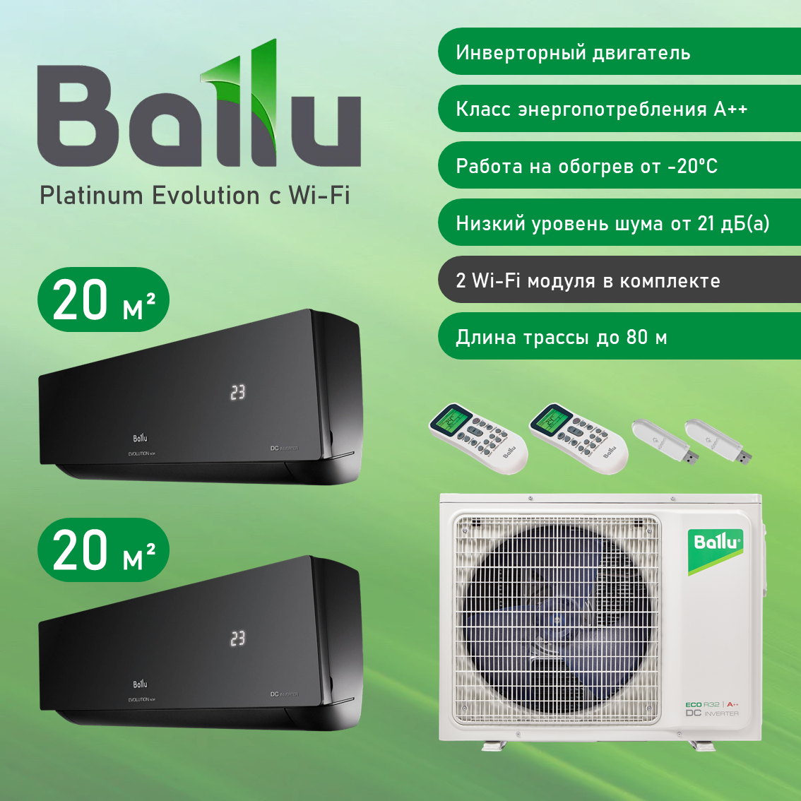 Мульти сплит система Ballu Platinum Evolution DC inverter на 2 комнаты 20 и 20 м2, 5 кВт, с Wi-Fi, А++, черная