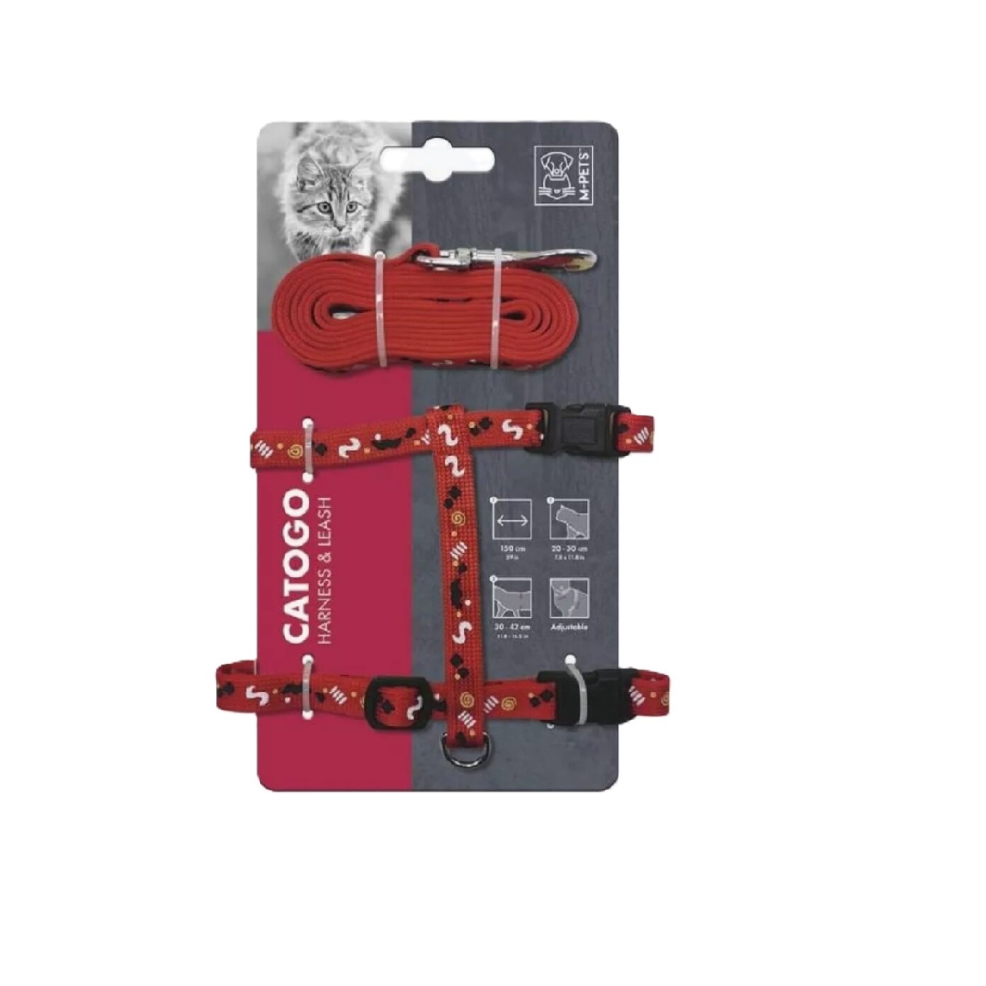 M-PETS Шлейка для кошек с поводком, красная, ОШ 20-30см, ОГ 30-42см, ширина 1см, длинна 90см-170см