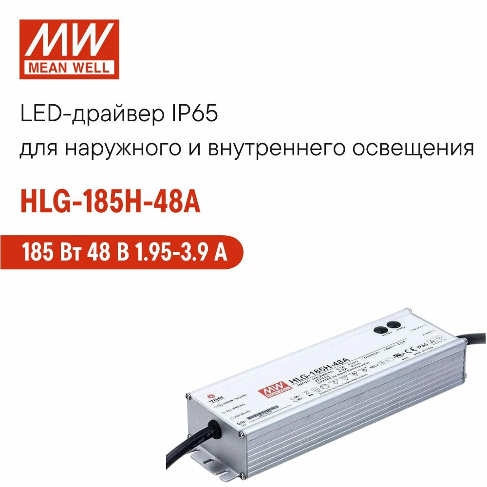 LED-драйвер MEAN WELL HLG-185H-48A 185 Вт, 48 В, 3,9 А стабилизация CV+CC, корпус IP65