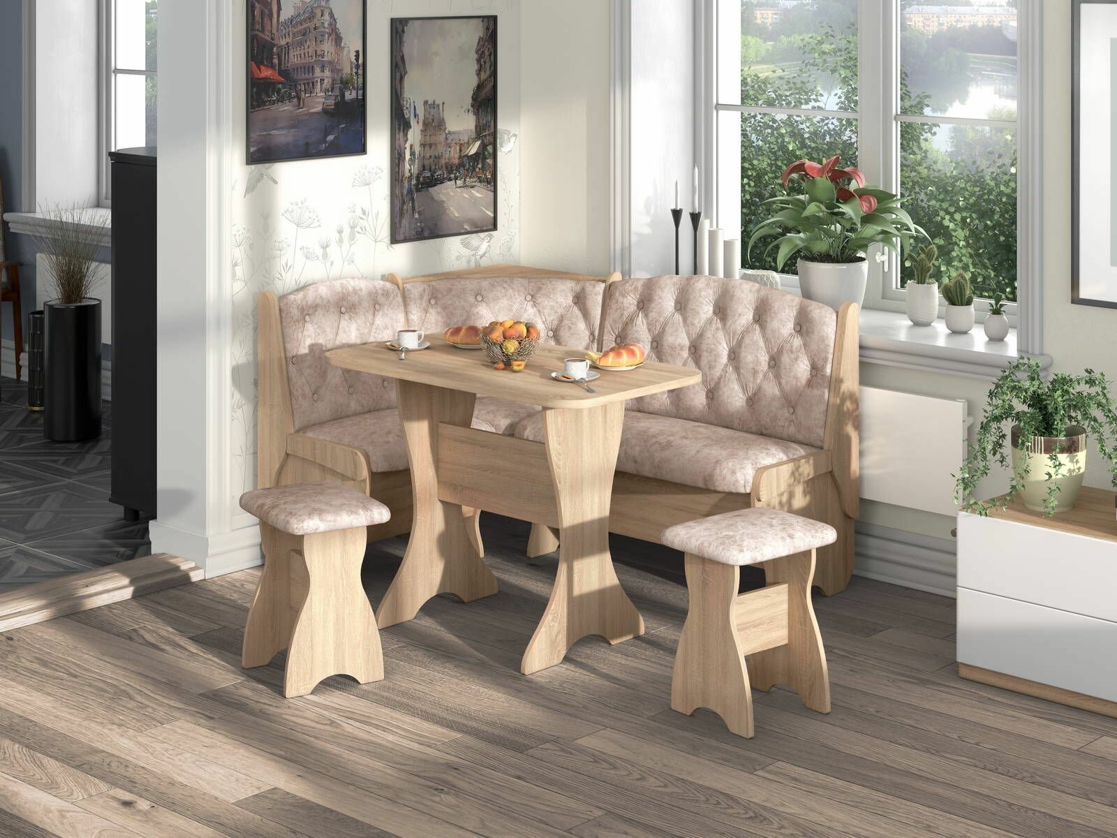 Кухонный уголок Оливия Люкс Дуб Сонома/Велюр Латте/Дуб Сонома