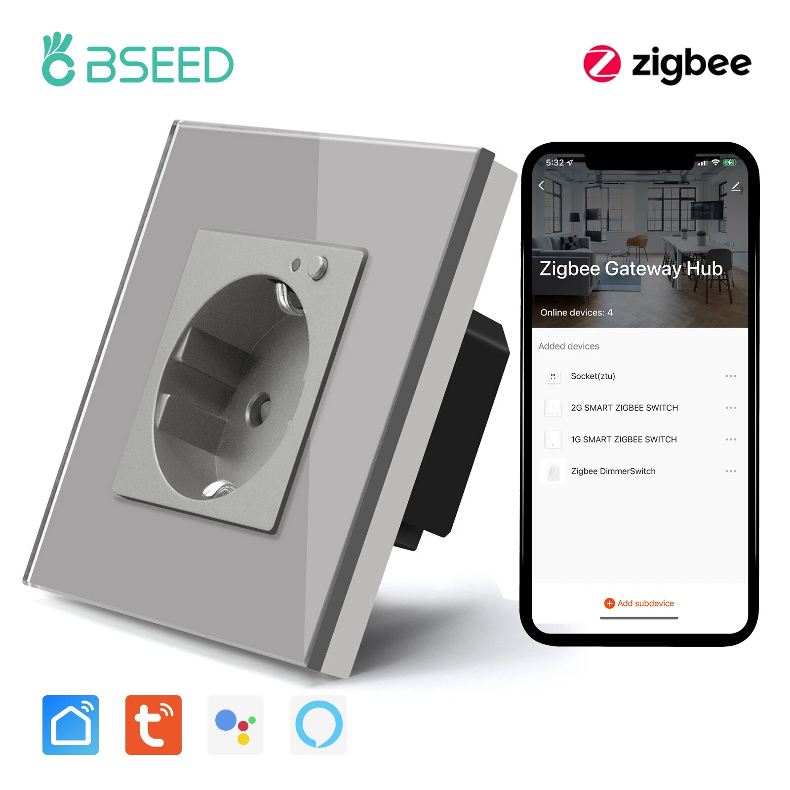 Умная розетка BSEED ZigBee белая 16A Socket Gray