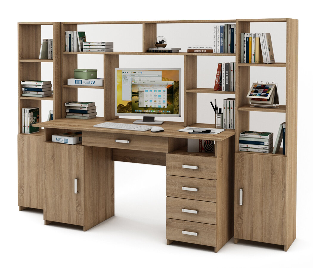 Стол письменный, для школьника Лайт (Ньюкасл) 7Я, письменный стол с надстройкой и стеллажами, ЛДСП, 213х60х149 см