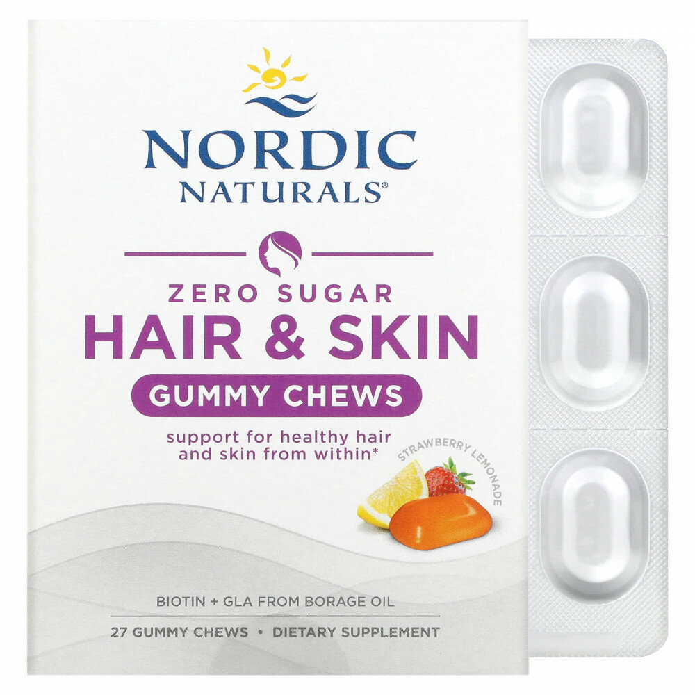 Nordic Naturals, Zero Sugar Hair & Skin Gummy Chews, Strawberry Lemonade, 27 Gummy Chews