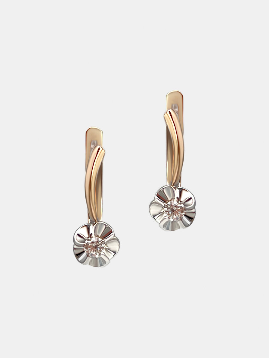 Серьги, комбинированное золото, 585 проба, родирование, бриллиант