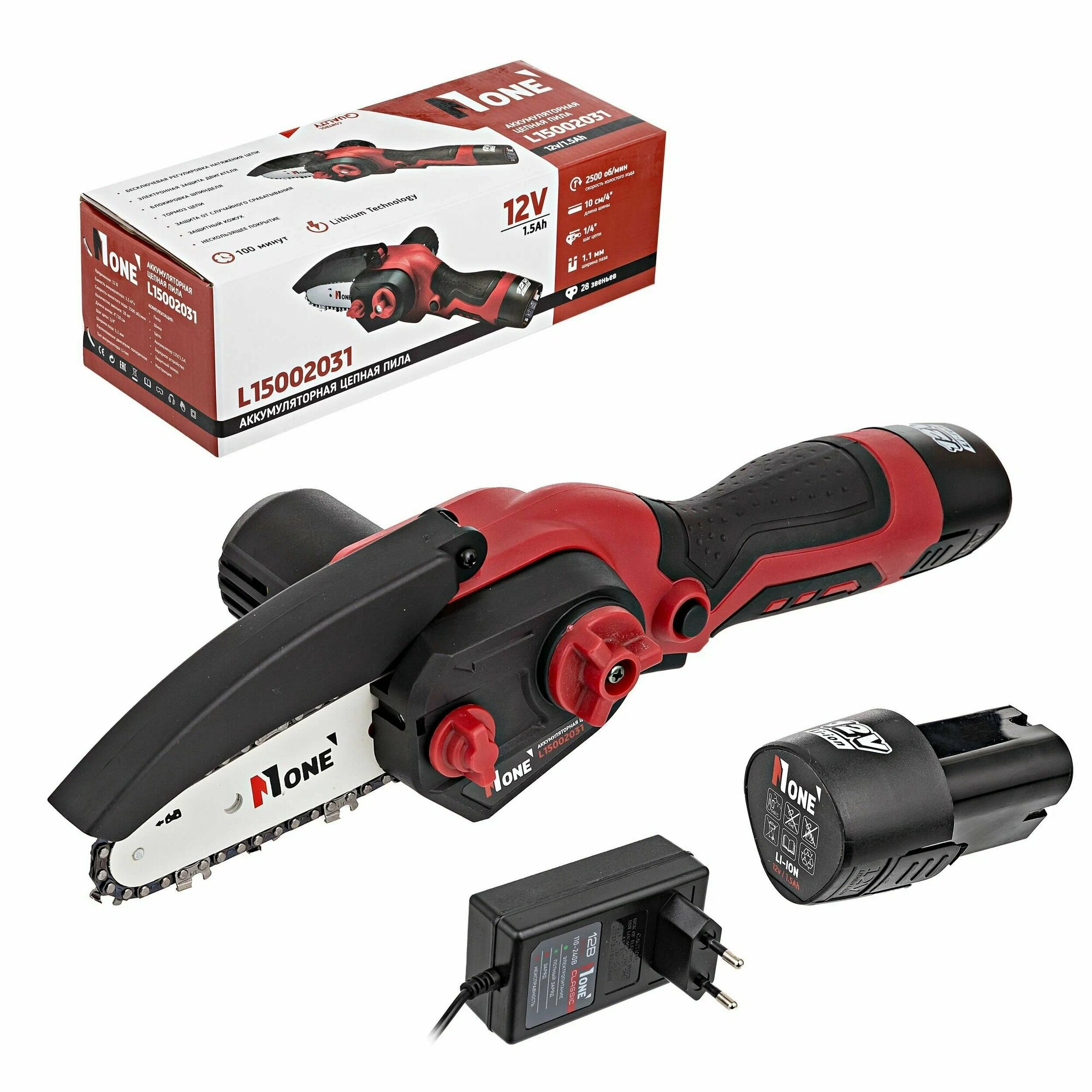 Пила цепная аккумуляторная Number One L15002031 (12V,1,5Ah,1акк, З/У, тормоз цепи, коробка)