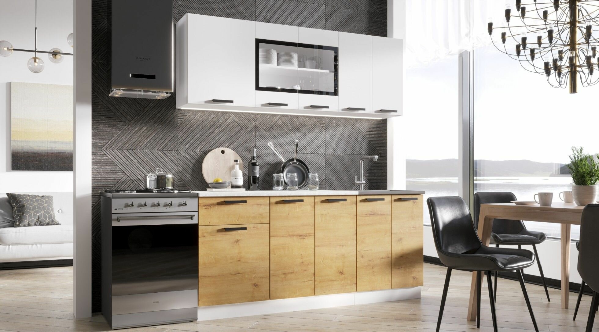 Кухонный гарнитур Хозяюшка ЛДСП 1.8 м Белый гладкий/Дуб вотан