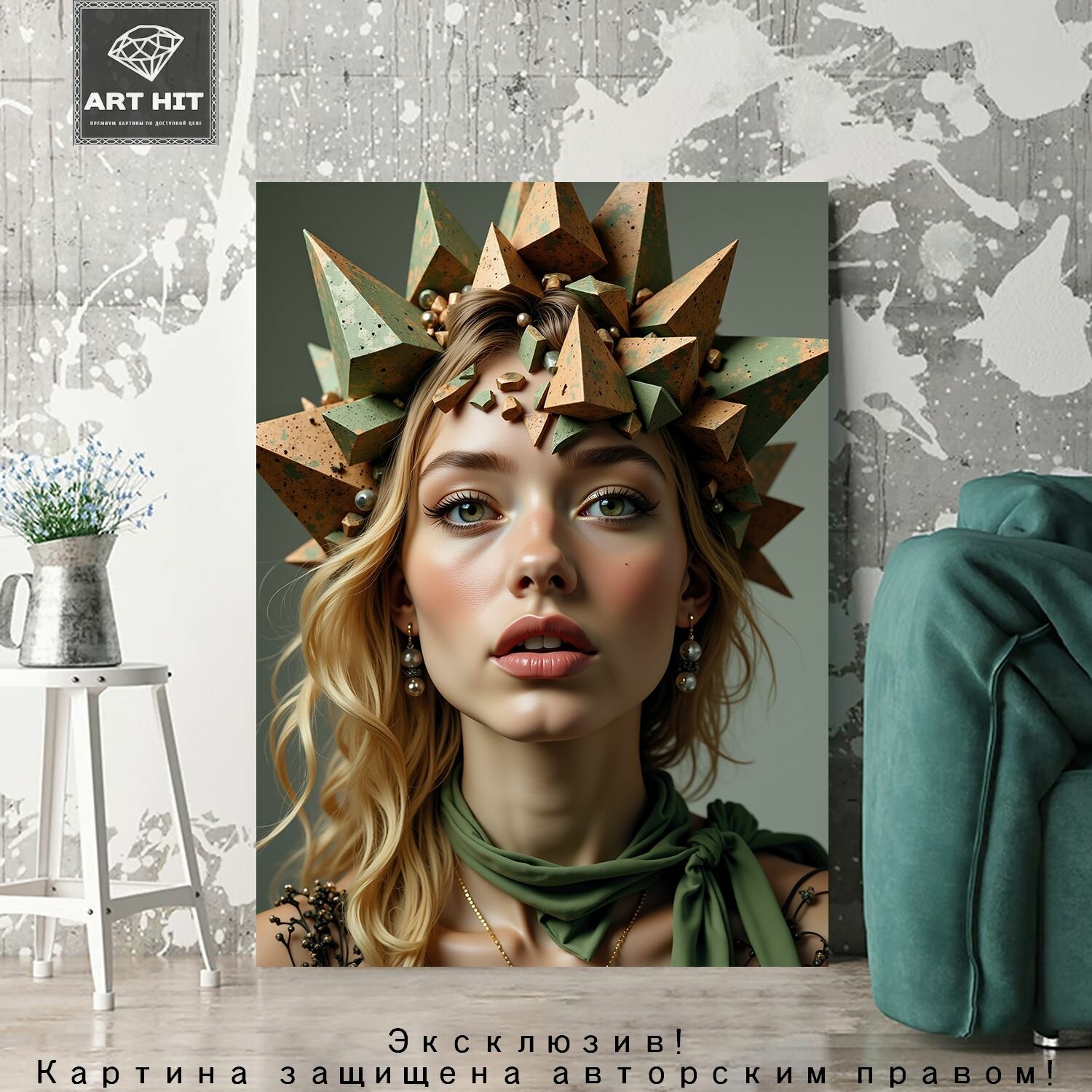 Картина с девушкой, девушка и геометрические фигуры 60х80 см.