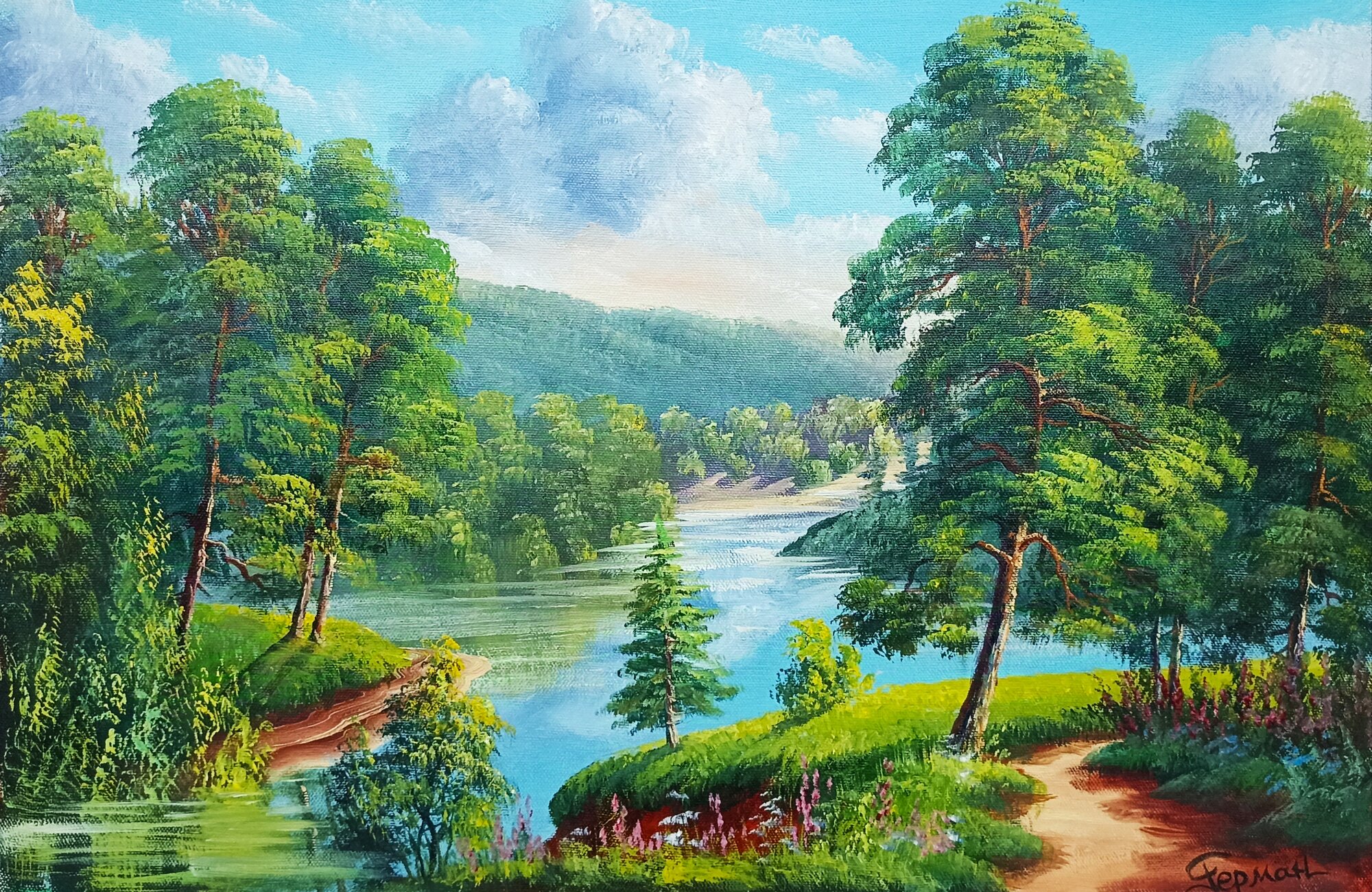 Картина маслом на холсте. 100% ручная работа, 100% живопись от Художественной мастерской Грёзы. Летний пейзаж. Сосны. Река. Тропинка. 40х60 см.