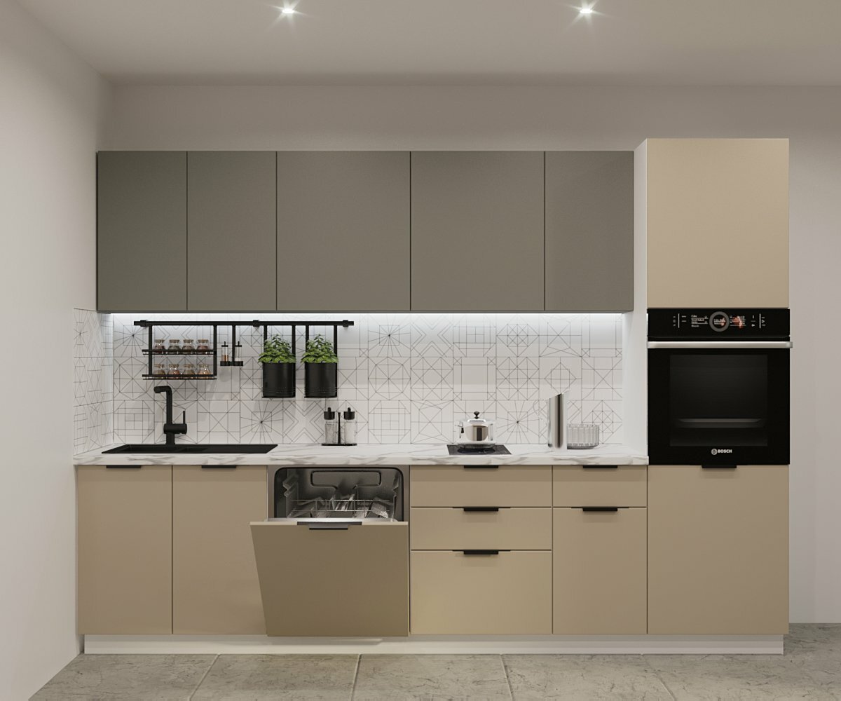 Кухонный гарнитур Фаска Обсидиан/Пикрит, 3000 мм, с пеналом для бытовой техники