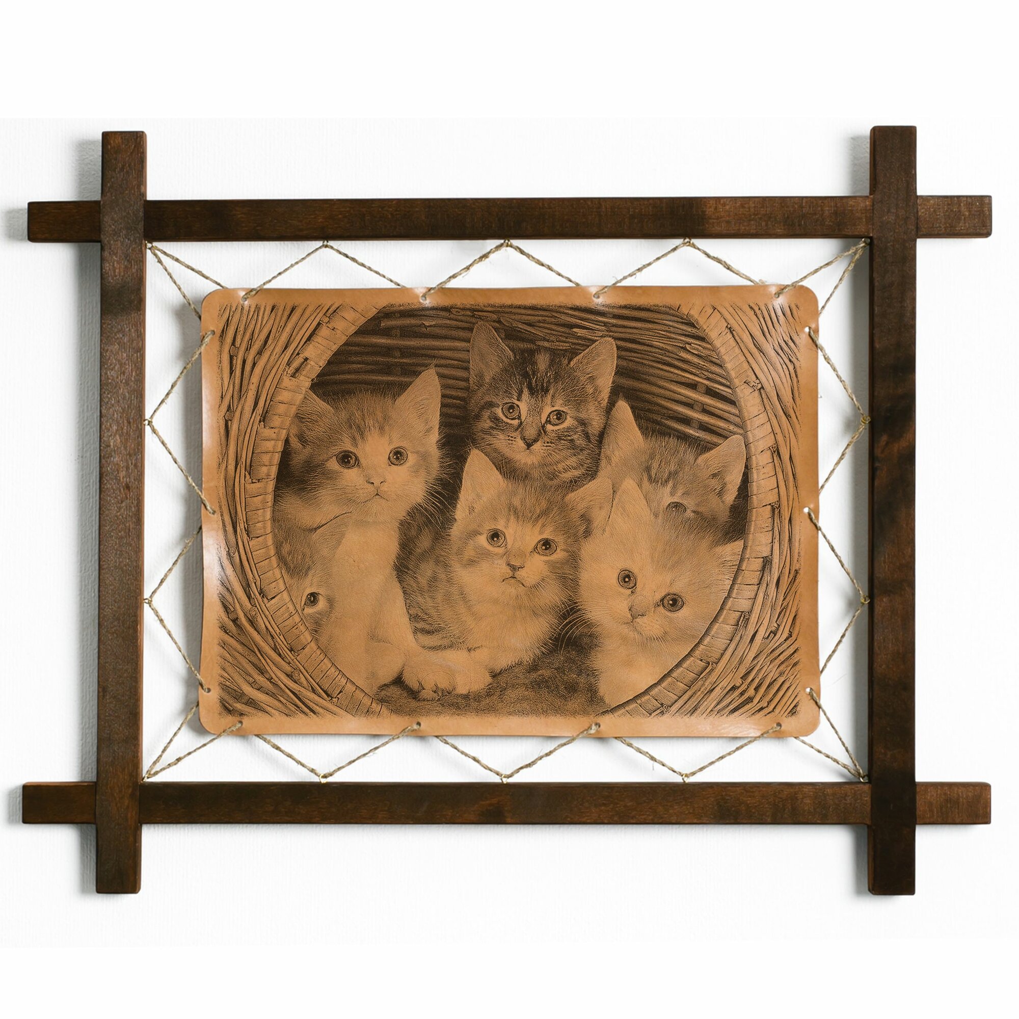 Картина интерьерная из кожи "Котики в домике", BoomGift