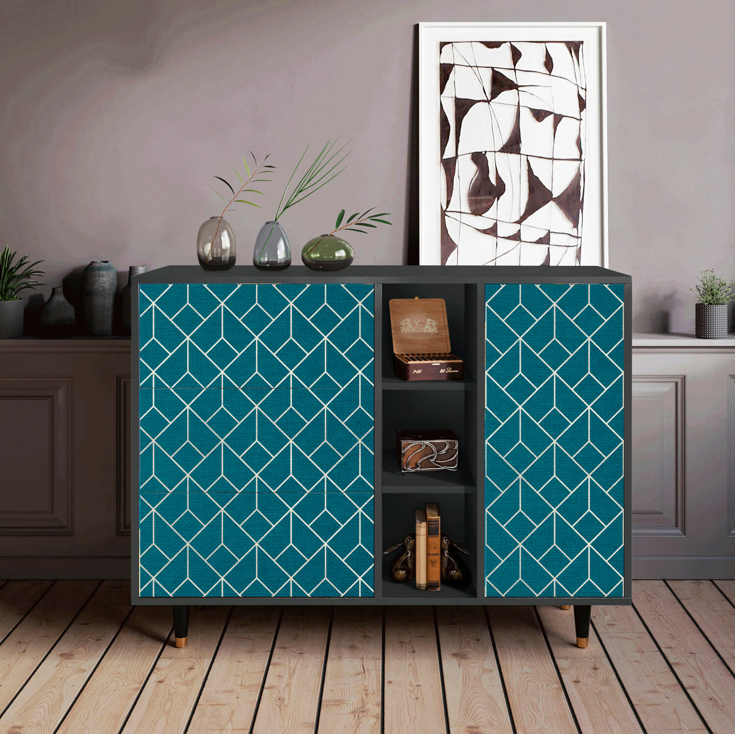 Комод - STORYZ - BS2 Turquoise Geometry, Разер - 125 x 97 x 48 см , Цвет корпуса - Антрацит