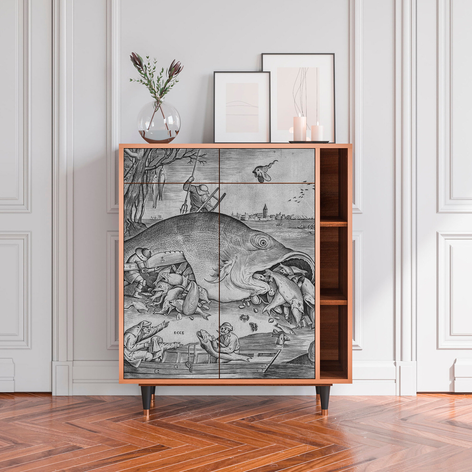 Комод - STORYZ - BS6 Big Fish Eat Little Fish by Pieter Bruegel, Размер - 94 x 110 x 41 см, Цвет корпуса - , Орех