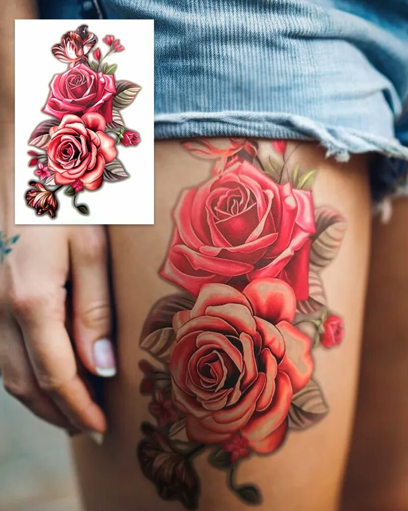 Временная тату "Розы", 15х21 см. Реалистичные временные татуировки для лица, тела и рук взрослых женщин