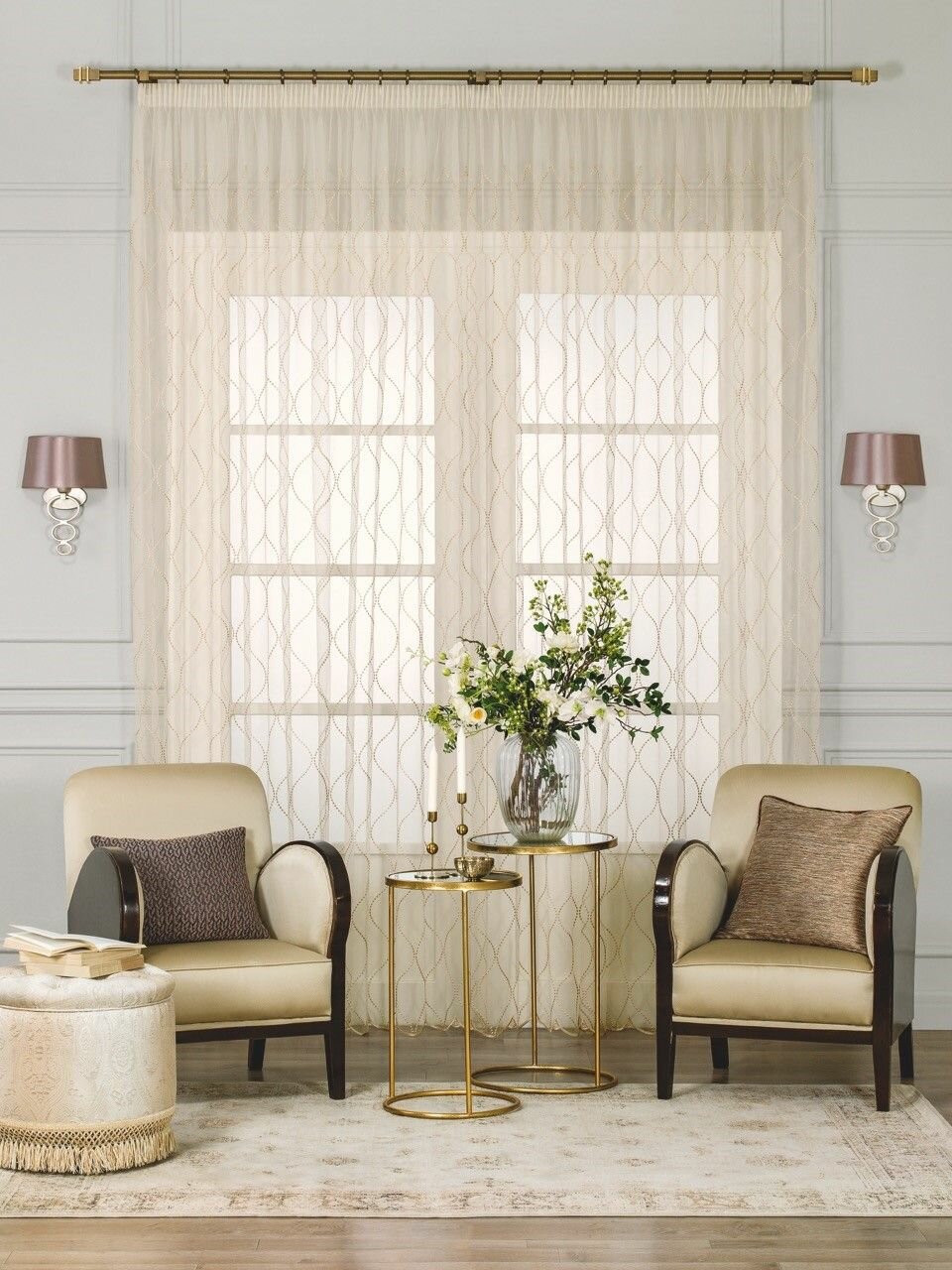 CASSIA Тюль для комнаты "Виладжи" сетка с узорной вышивкой, высота 275 на 300 ширина, бежевая