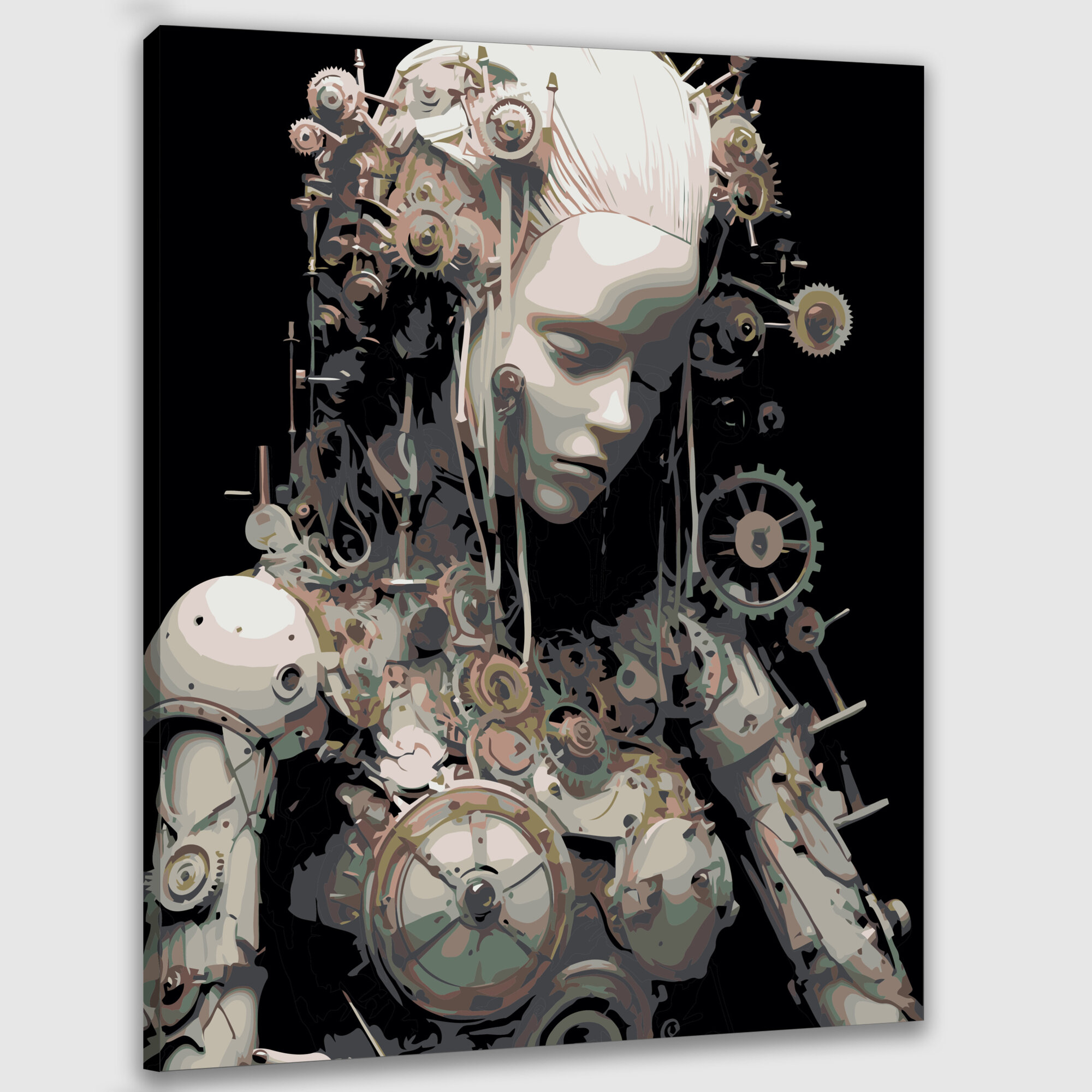 Картина по номерам 40x50 см, скульптура, кукла, механические конечности, фарфоровое лицо, переработанные материалы