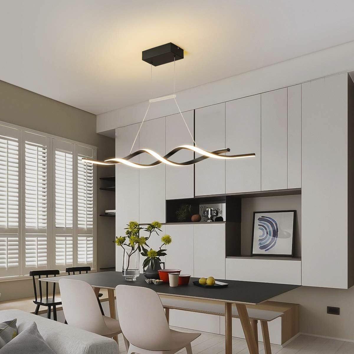 Современный подвесной светильник с регулируемой яркостью с дистанционным управлением, акриловые волновые современные люстры для обеденных залов, Обеденный стол, Кухня Ресторана, 3000K-6000K, черный