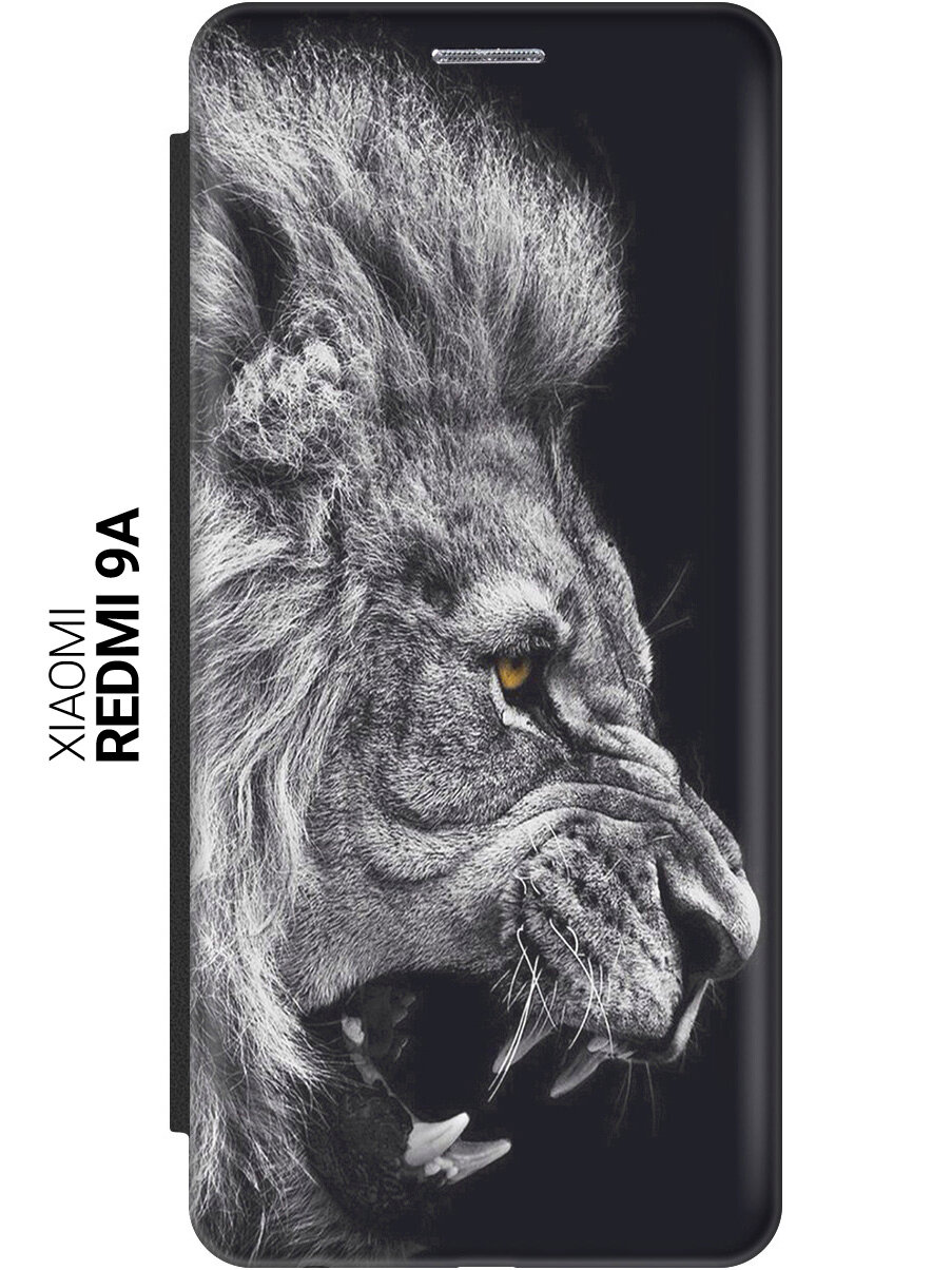 Чехол-книжка на Xiaomi Redmi 9A, Сяоми Редми 9А с 3D принтом "Морда льва" черный