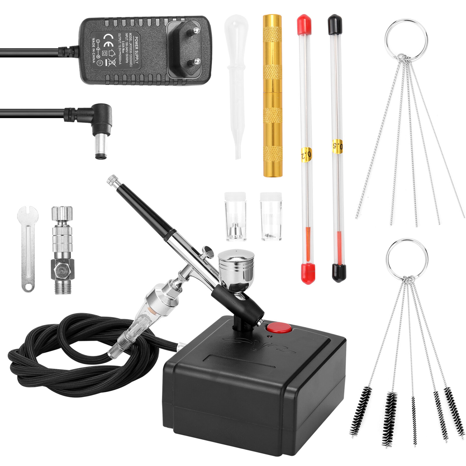 Professional Airbrush Set for Model Making Art Painting with Air Compressor+Power Adapter+Airbrush+Airbrush Holder+0.2mmneedle+0.5mmneedle+0.2mm nozzle+0.5mm nozzle+G1/8 Fast-adapter+Wrench+Hose+Golden Airbrush-Needle Tool+Oil-water Separator+Dropper