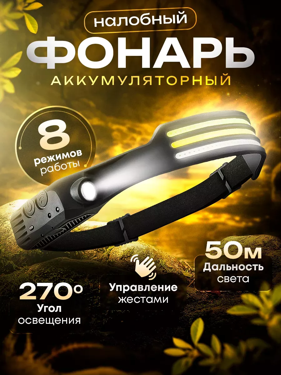 Фонарь налобный, аккумуляторный, светодиодный, с регулировкой угла наклона, черный