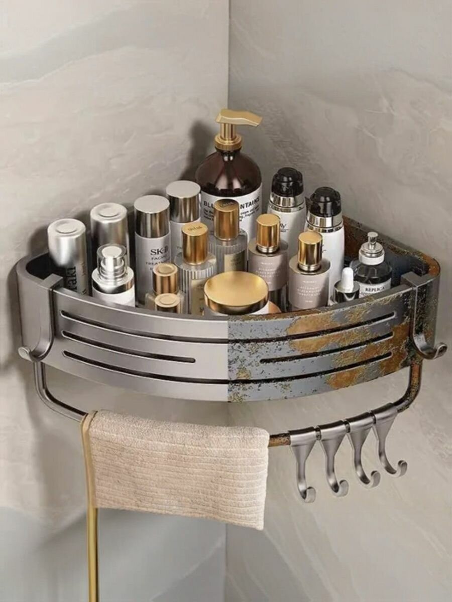 Полка угловая для ванной без сверления: на присосках, алюминий, комплект 2 шт