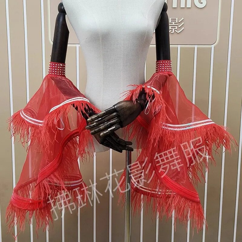 Платье для бальных танцев с рукавами из страусиных перьев Красный