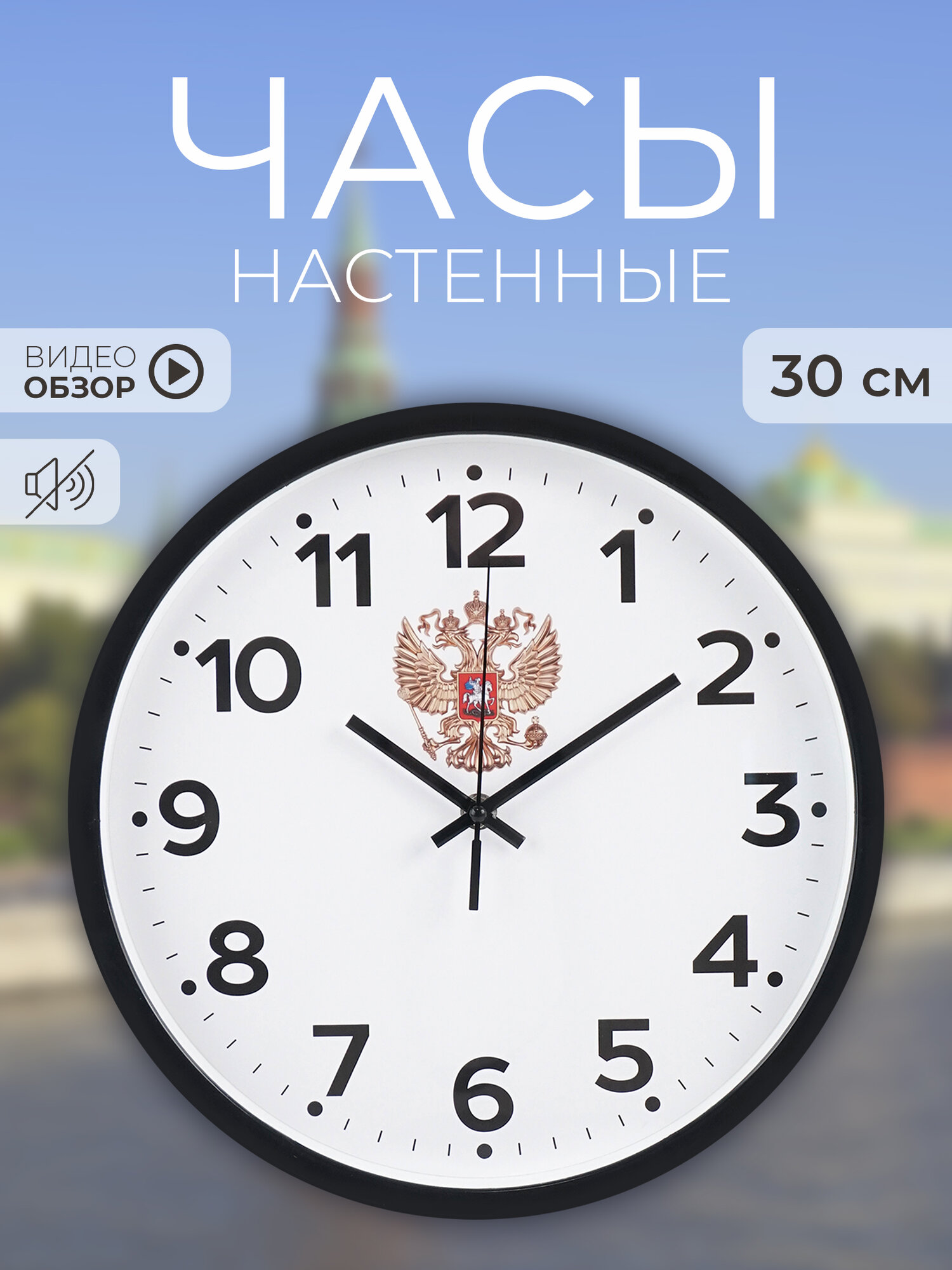 Часы настенные Рубин 30 см Герб РФ интерьерные бесшумные с подвесом батарейка AA цвет чернвй