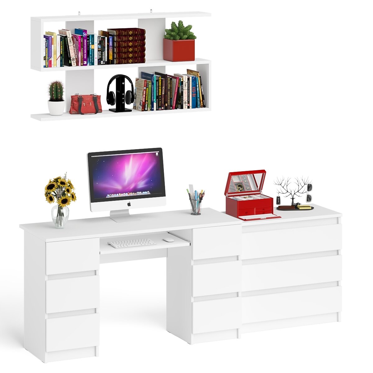 Комод Мори три ящика МК-800 и стол компьютерный Мори МС-2 с полкой 1200, белый, 215,8х50х209,6 см.