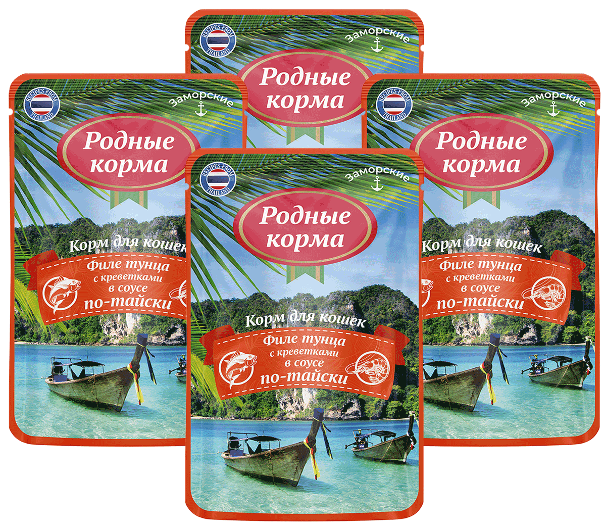 Корм влажный Родные Корма Заморские для взрослых кошек, тунец и креветки в соусе по-тайски, 70 г х 4 шт