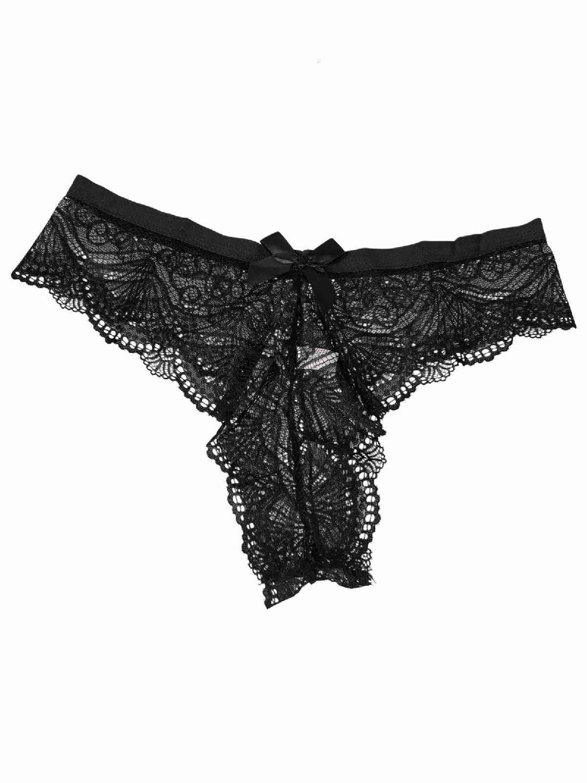 Женские стринги-бикини с кружевом, Черный - XXL