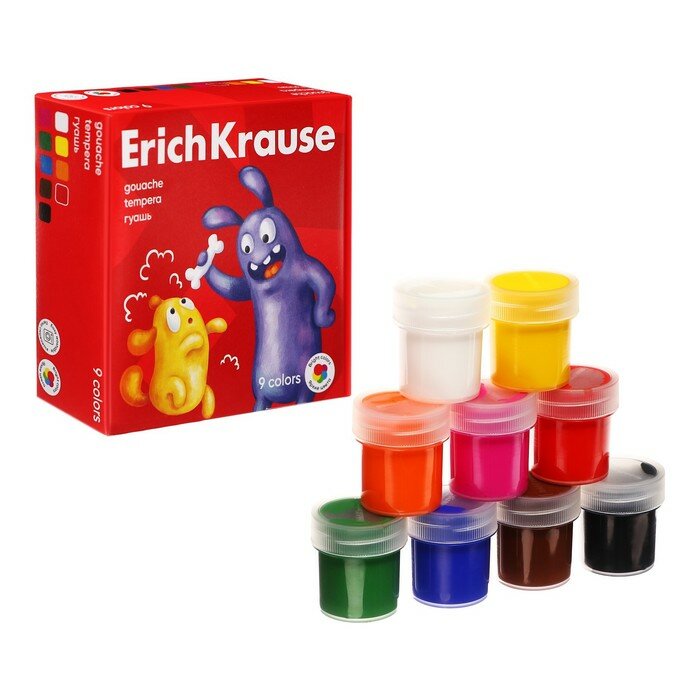 Гуашь Erich Krause 9 цветов по 20 мл, "Jolly Friends", в картонной упаковке (61414)