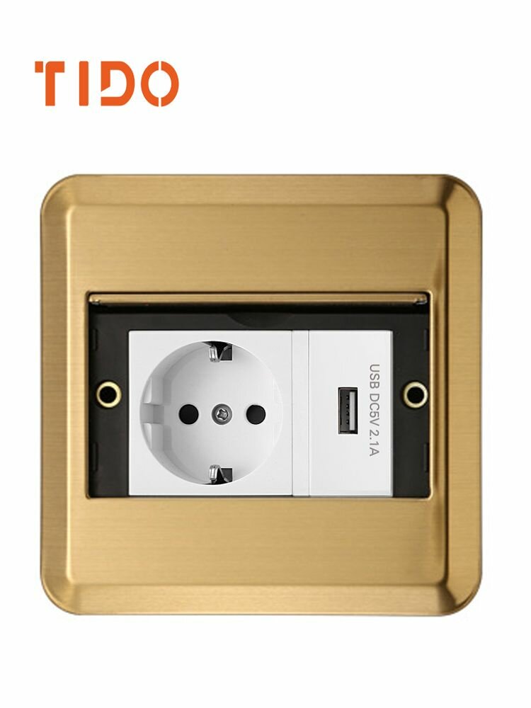 Лючок под розетки встраиваемый в пол ламинат плитку в пол 1 розетки + 1 USB Цвет: золото
