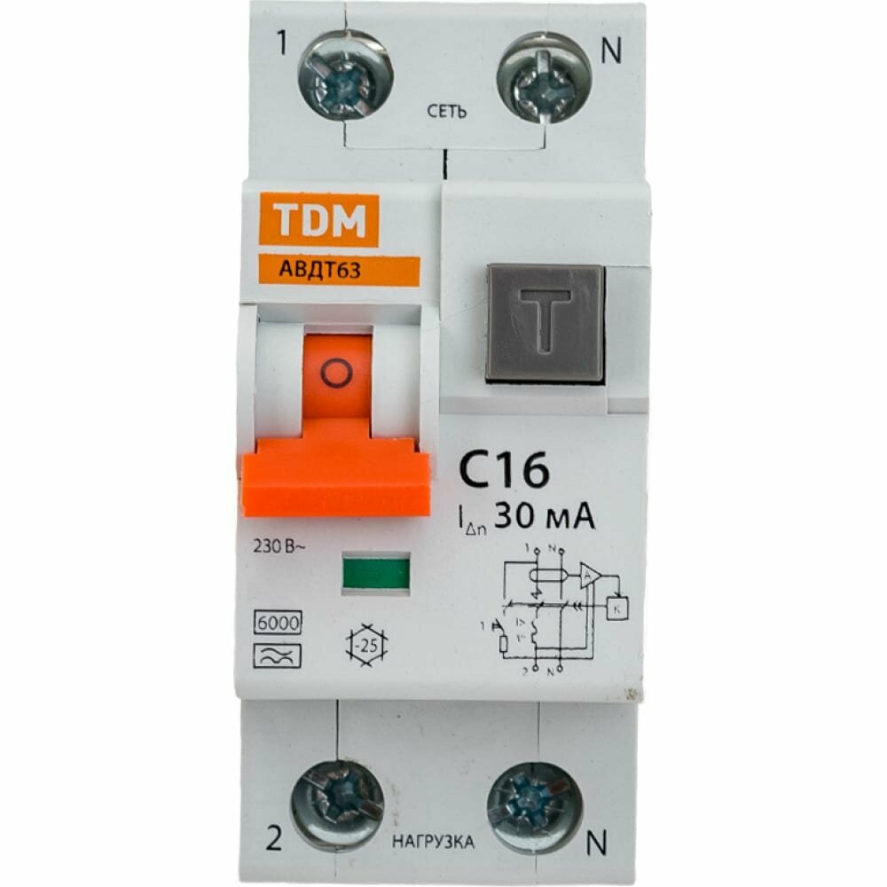 Автоматический выключатель дифференциального тока TDM ELECTRIC АВДТ 63 2P C16 30мА SQ0202-0002