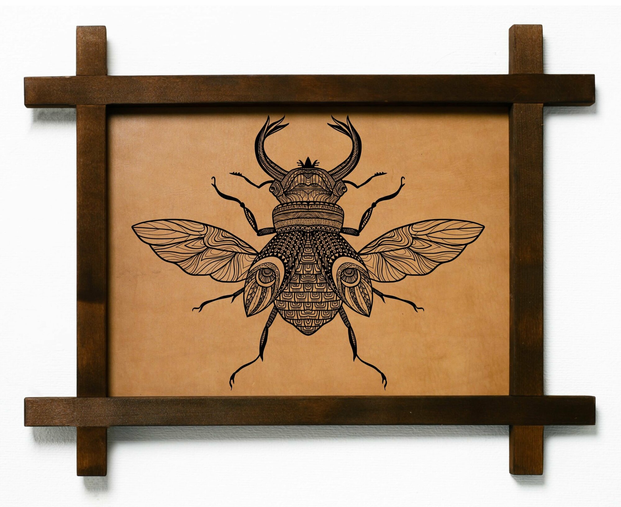 Интерьерная картина из натуральной кожи "Жук с орнаментом", декоративное настенное панно в деревянной раме, BoomGift