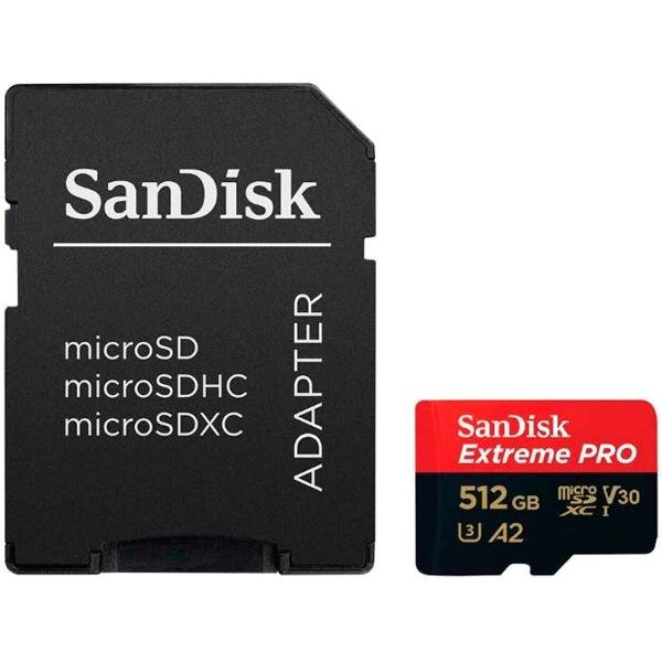 Карта памяти SanDisk microSDXC 512GB Extreme Pro Class 10 UHS-I A2 V30 U3 + SD адаптер (SDSQXCD-512G-GN6MA)