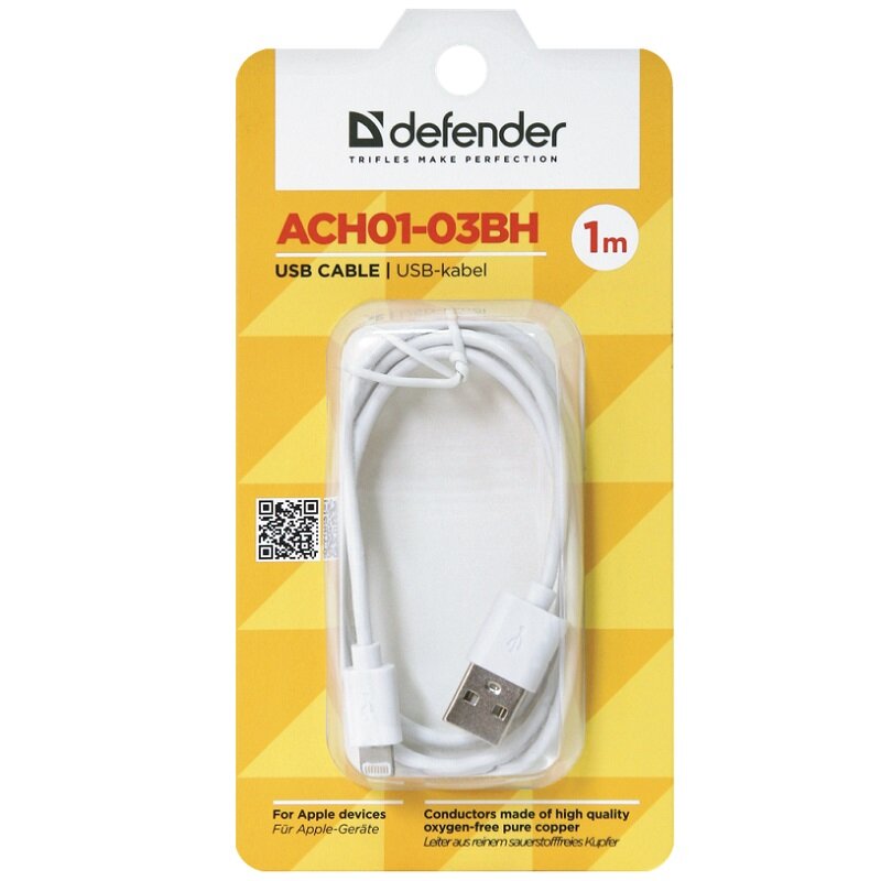 Кабель для зарядки Defender ACH01-03BH, Lightning, 1м, белый