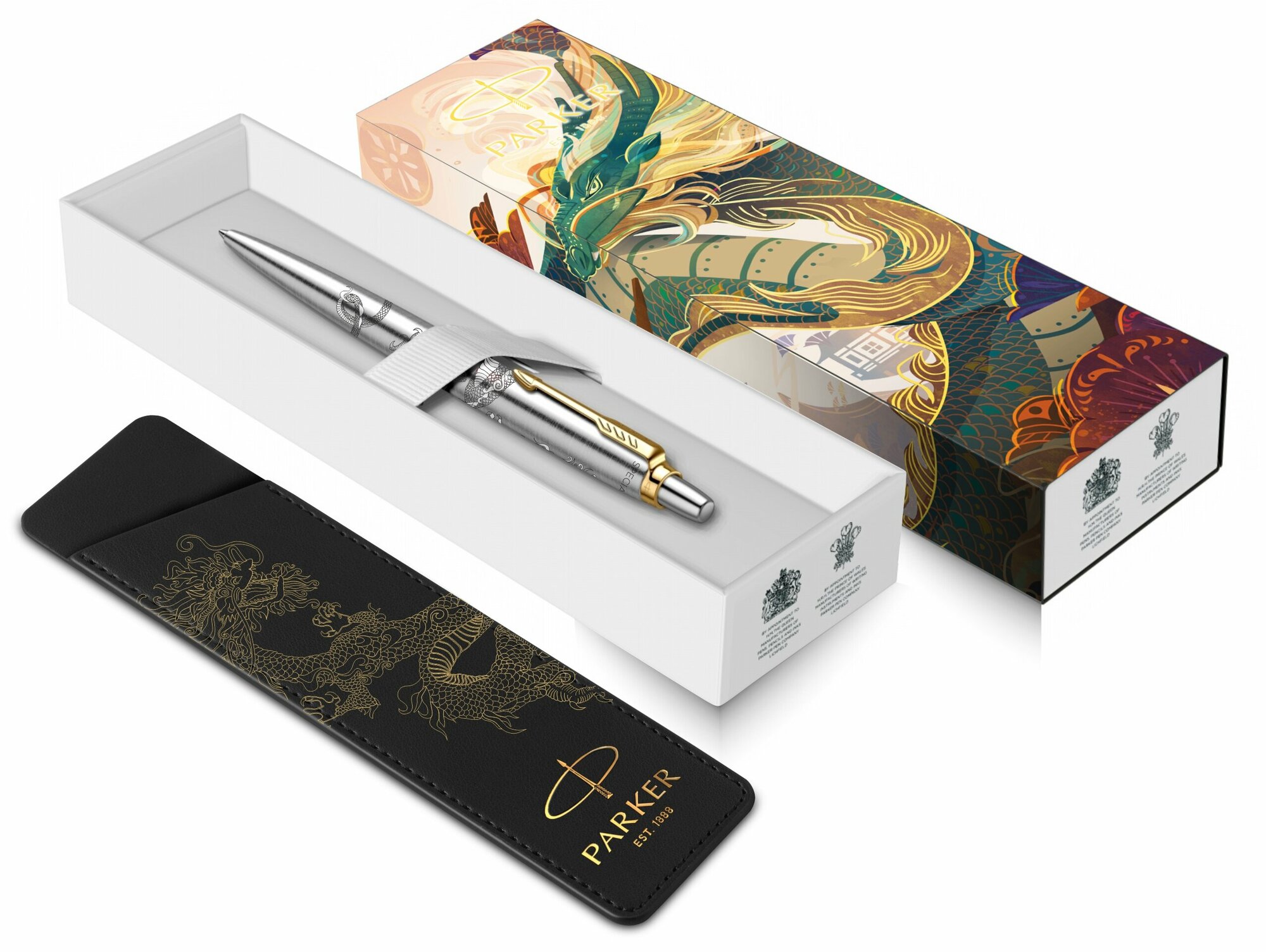 Ручка шариковая с чехлом Parker Jotter Dragon Special Edition, цвет: St. Steel GT, стержень: Mblue в подарочной коробке 1953182_setLE24