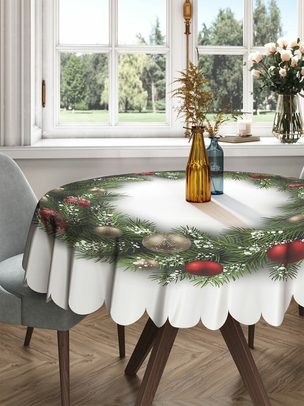Скатерть на круглый стол с рисунком "Рождественский венок", JoyArty, 150х150 , серия Новый год