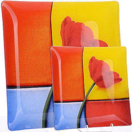 Набор из 7 тарелок 29,5 х 29.5 см. 18 х 18 см. "Красный мак" для подачи, сервировки Иранское стекло