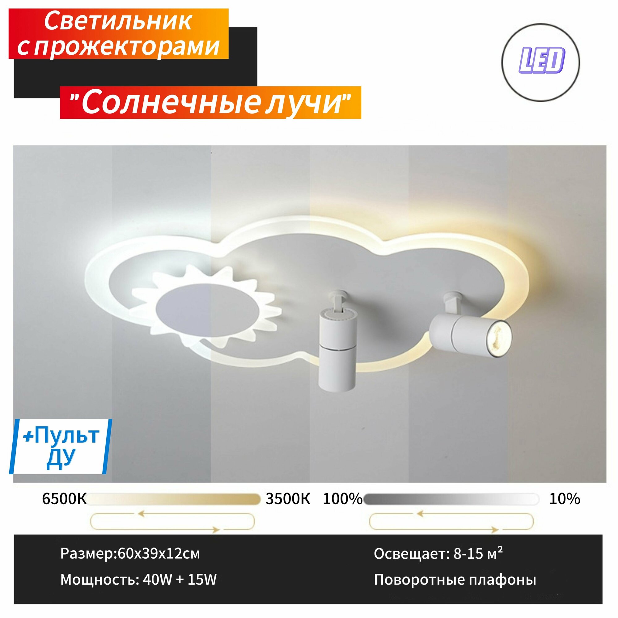 Потолочный LED светильник "Солнечные лучи" с пультом ДУ. Люстра потолочная , настенная, светодиодная диммируемая с регулировкой теплоты оттенка