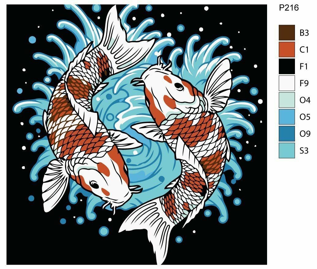 Детская картина по номерам P216 "Японские рыбки кои" 30x30