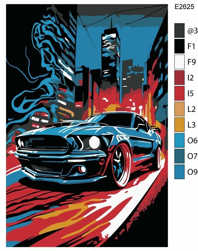 Детская картина по номерам E2625 "Спортивный автомобиль Ford Mustang" 20x30