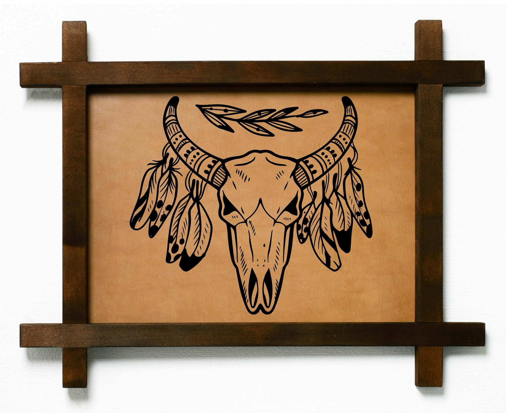 Картина интерьерная, натуральная кожа, "Череп быка с перьями", в деревянной раме, BoomGift