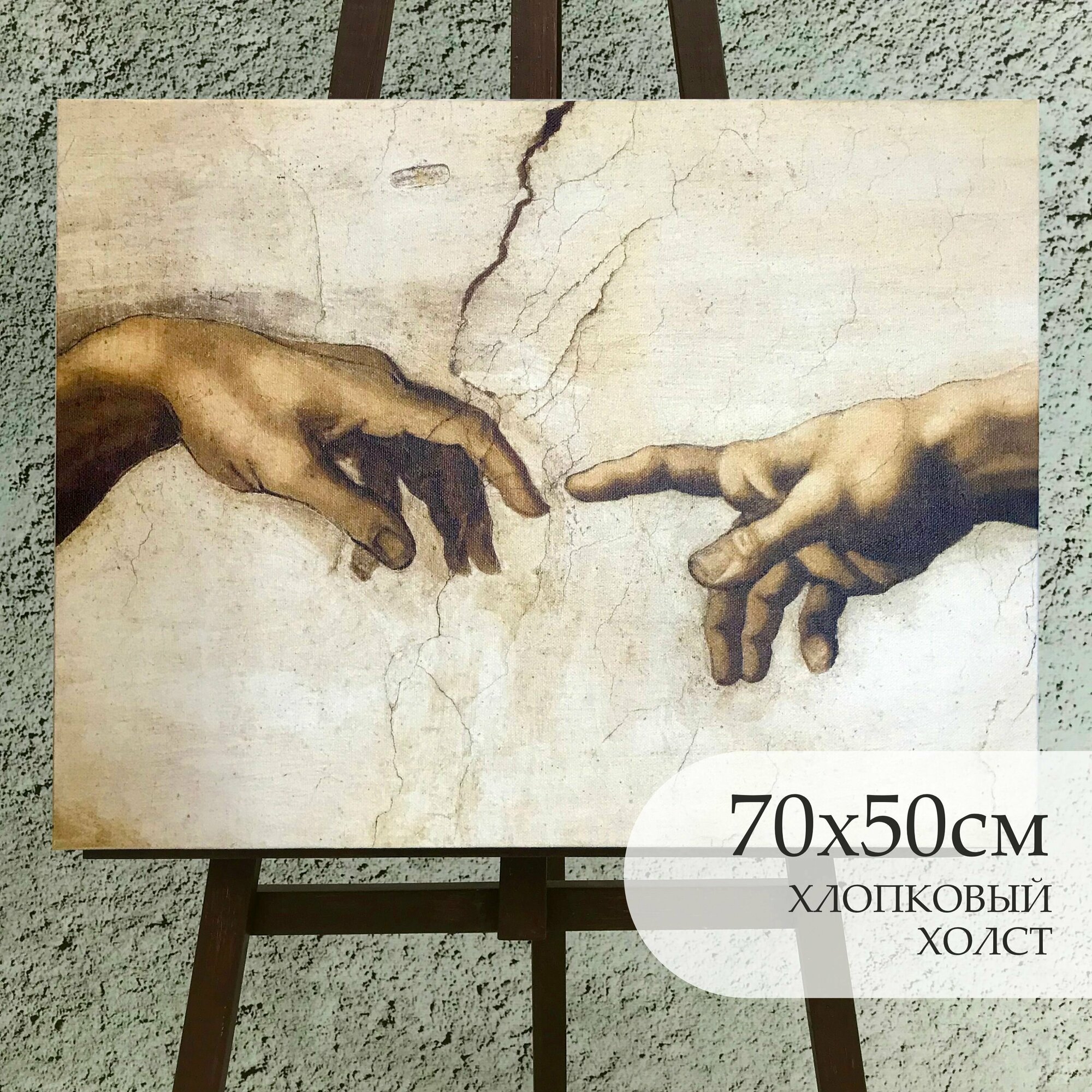 Картина на холсте репродукция Микеланджело "Сотворение Адама"(фрагмент) / картина для интерьера дома