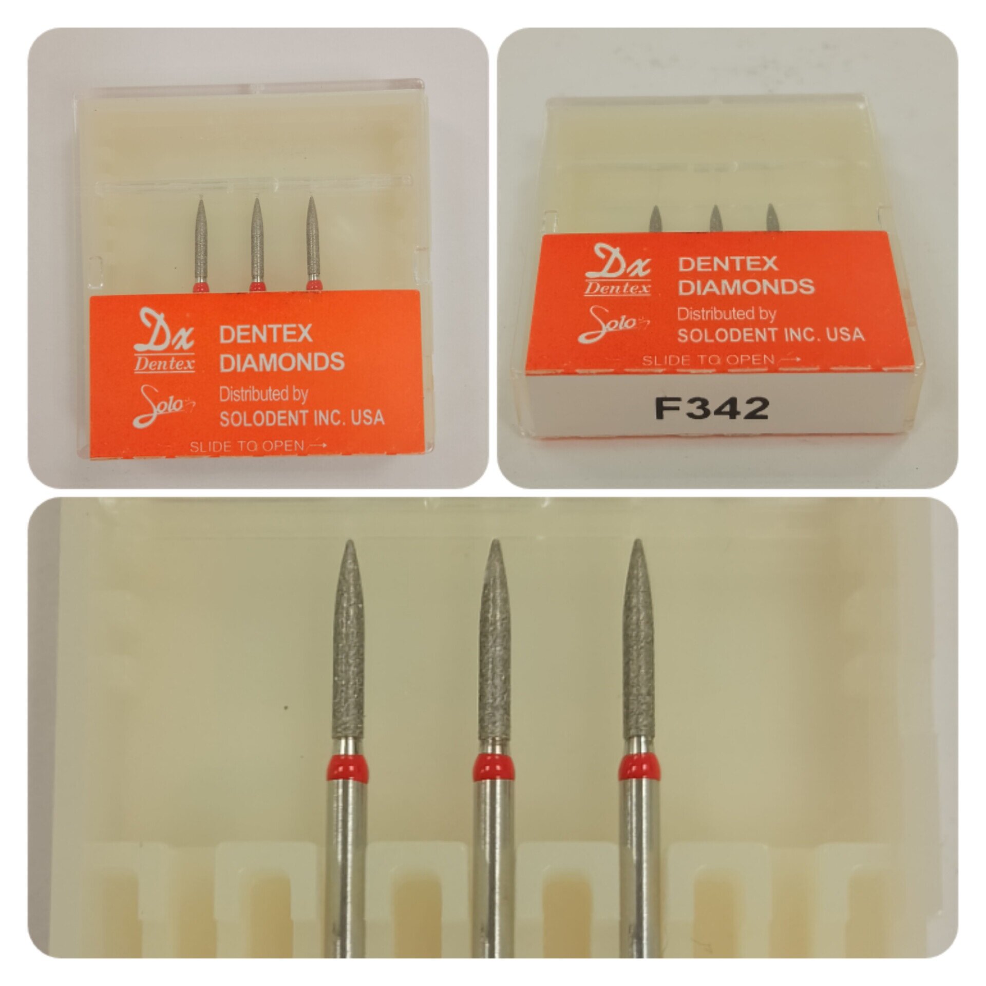 Боры Dentex алмазные турбинные F 342 размер 014, пламя удлиненное, красная насечка, 3 штуки