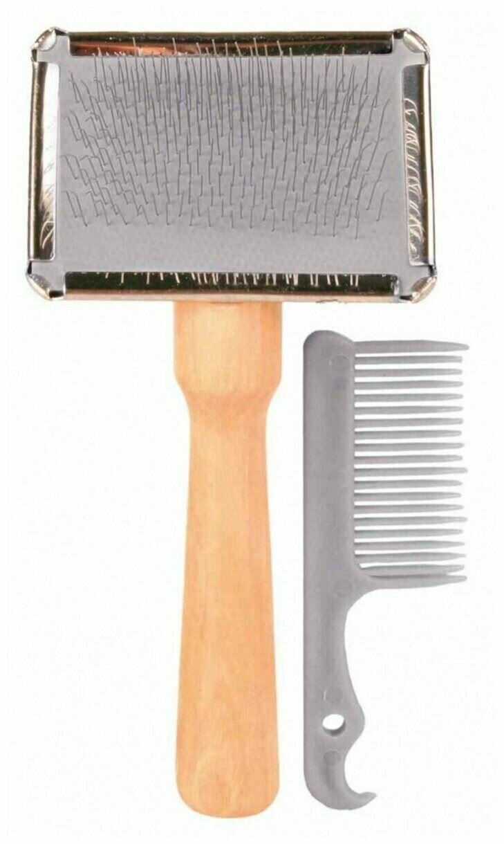 TRIXIE Щетка-пуходерка с деревянной ручкой + расческа, мягкая 13 х 6 см