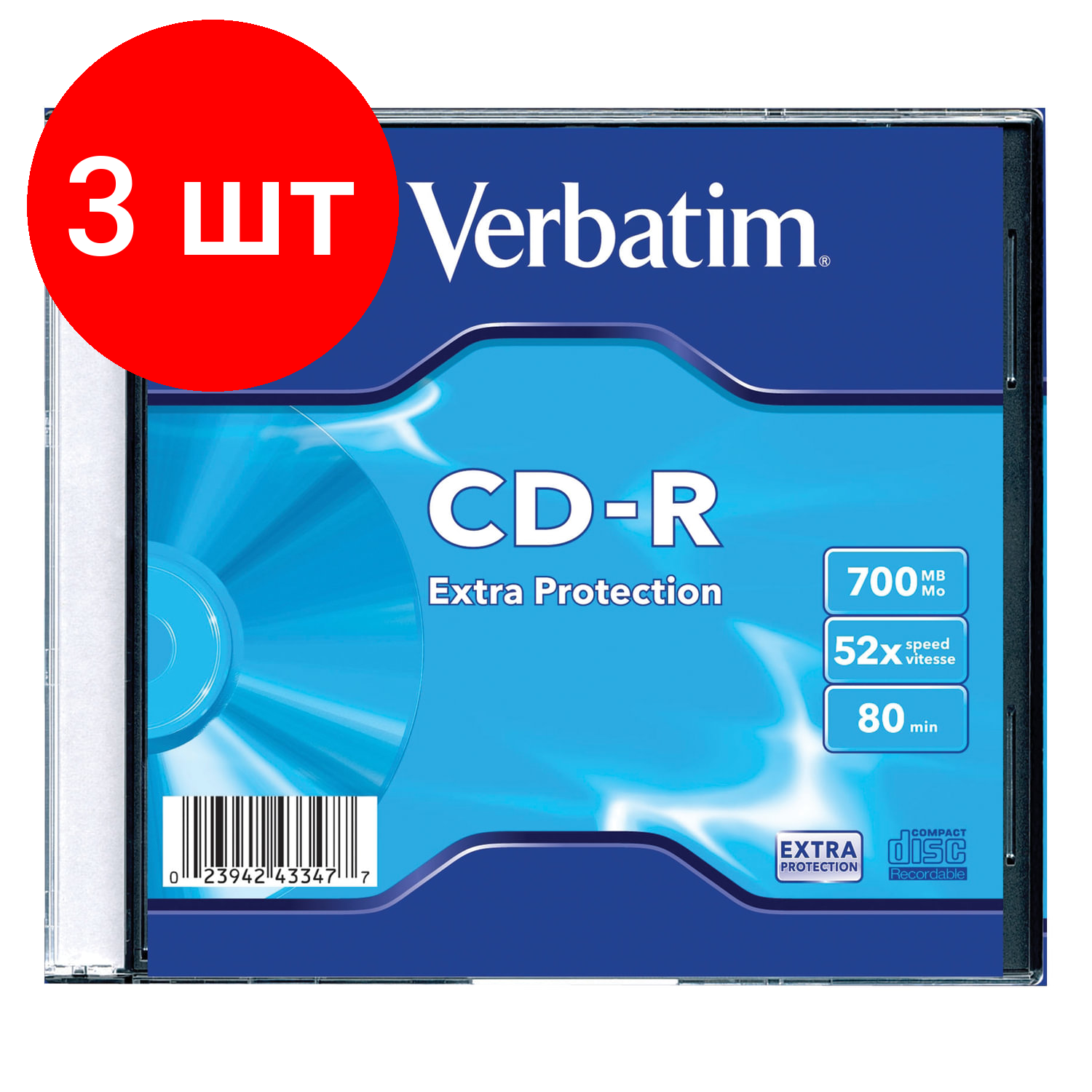 Комплект 3 шт, Диск CD-R VERBATIM DL, 700 Mb, 52х, Slim Case